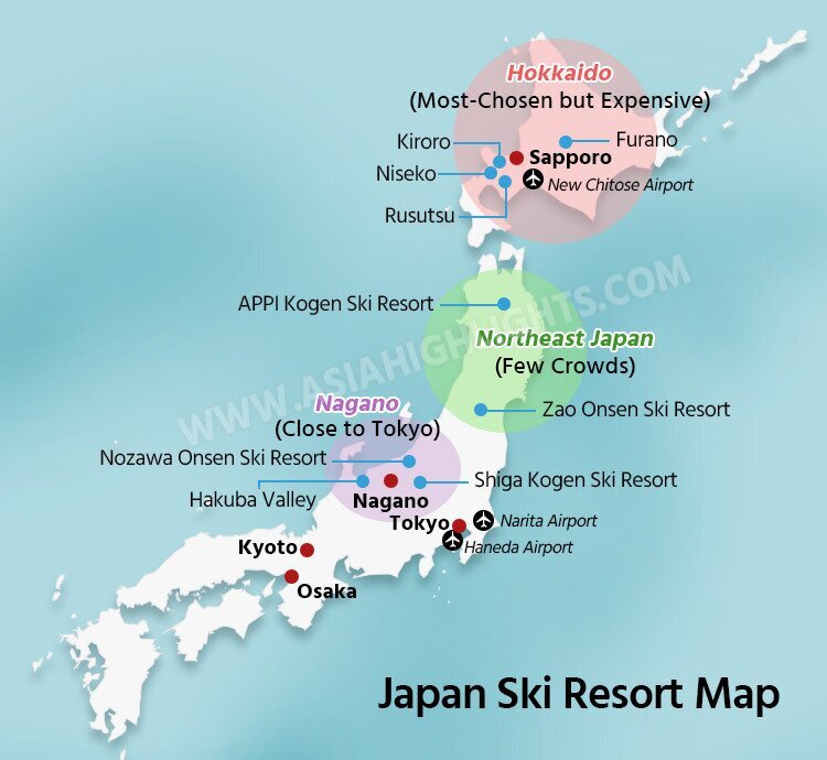 Japan Ski Map with Cities and The Best Ski Resorts