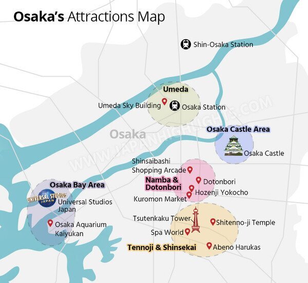 Osaka Travel Map:Map of Attractions, Neighborhoods and Tours