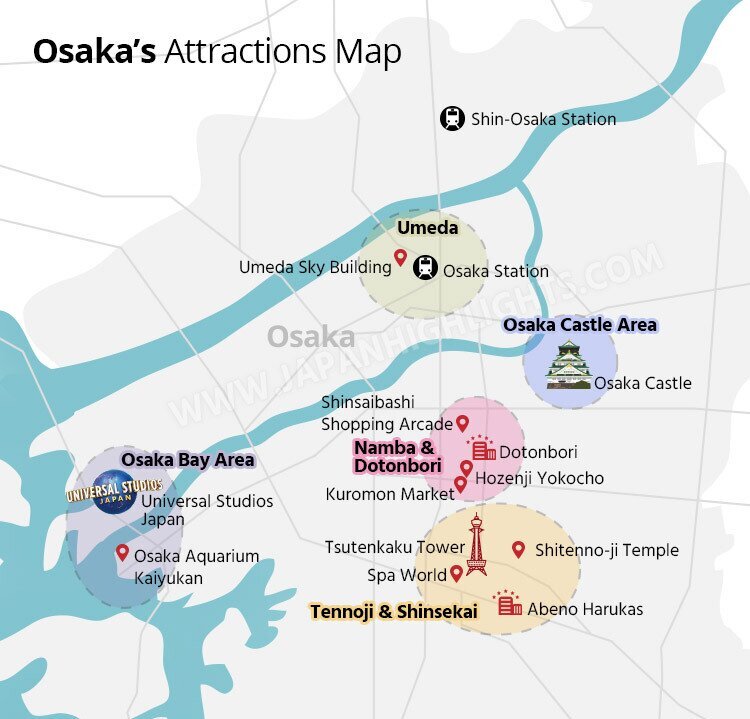 Osaka Travel Map:Map of Attractions, Neighborhoods and Tours