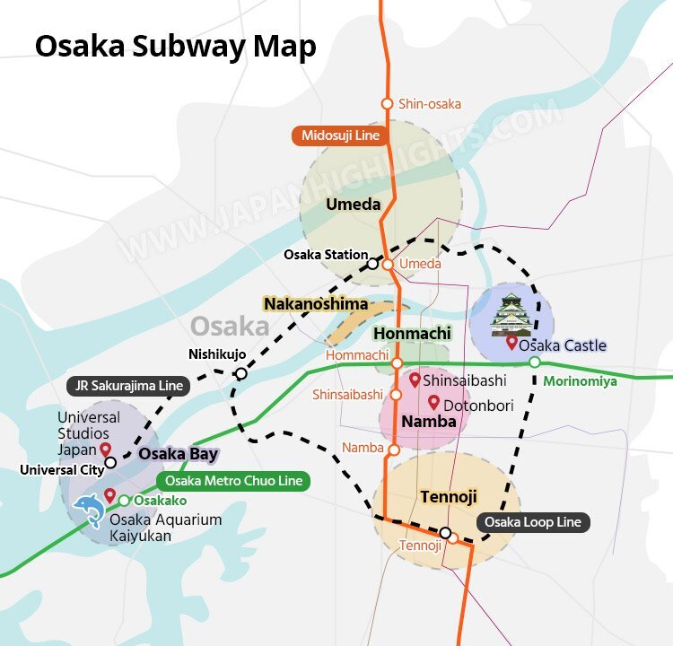 Osaka Travel Map:Map of Attractions, Neighborhoods and Tours